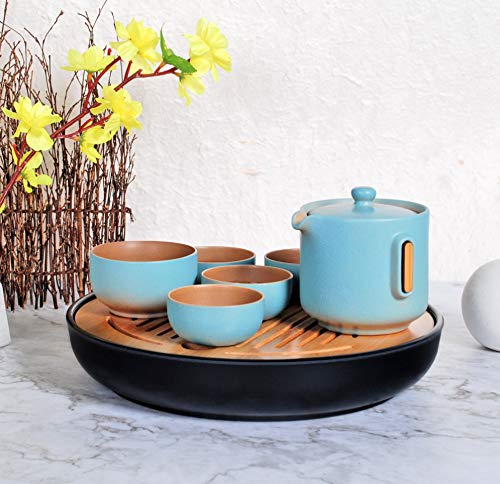 Hinomaru Collection Oriental Kung Fu Table Service Round Serving Tea Tray Bamboo Drip Pan Melamine Base Reservoir Tea Ceremony Accessories (Black)