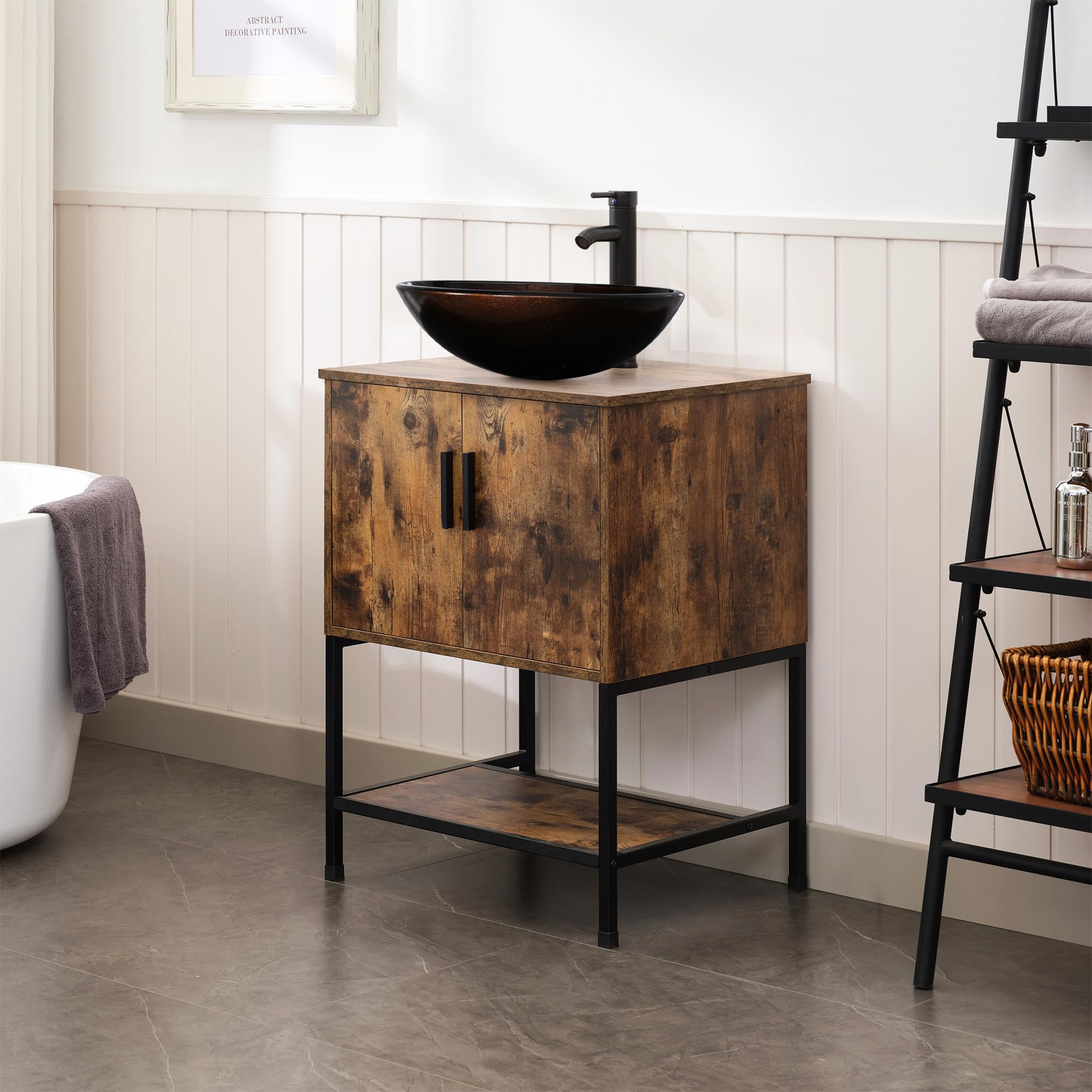 UEV 24" Antique Bathroom Vanity, Dark Brown Bathroom Vanity Set with Sink Combo, Iron Wood Bathroom Cabinet with Adjustable Water Temperature Faucet (A09)