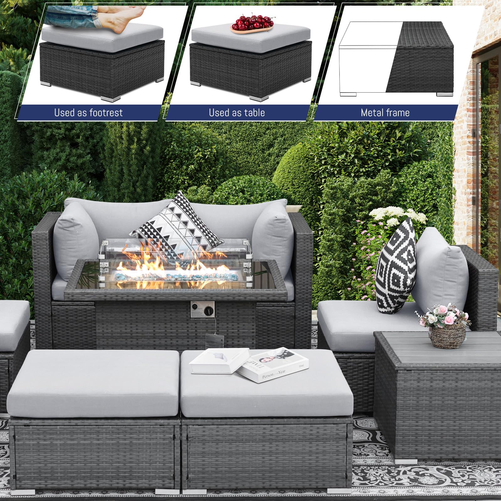 BULEXYARD Grey PE Wicker Patio Furniture Sectional Conversation Sofa Set with 43" Propane/Natural Gas Fire Pit Table, Large Size High Back Outdoor Furniture Set with Fireplace(13Pcs, Light Grey)