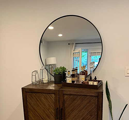 HofferRuffer Round Mirror, Circle Hanging Mirror, Metal Frame Wall Mounted Mirror for Home Bedroom, Bathroom, Washroom, Living Room, Entryways (Black, 27.6)