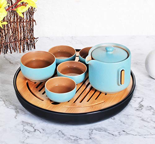 Hinomaru Collection Oriental Kung Fu Table Service Round Serving Tea Tray Bamboo Drip Pan Melamine Base Reservoir Tea Ceremony Accessories (Black)