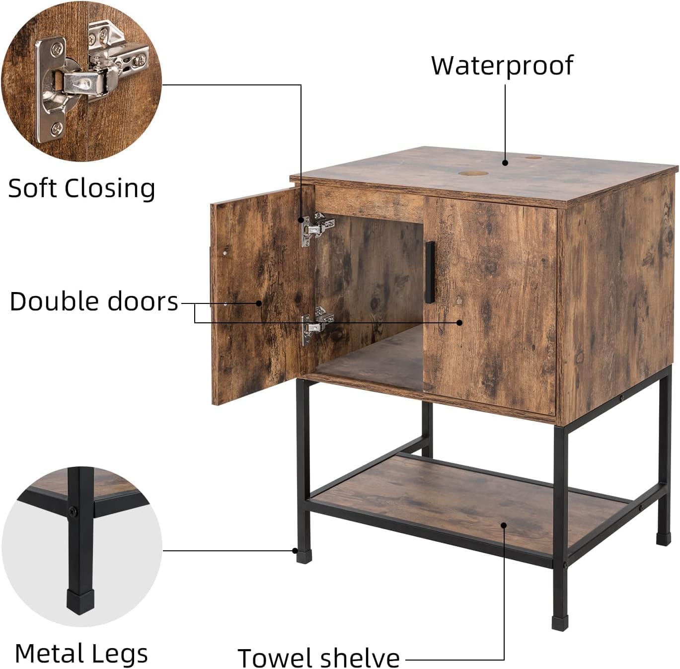 UEV 24" Antique Bathroom Vanity, Dark Brown Bathroom Vanity Set with Sink Combo, Iron Wood Bathroom Cabinet with Adjustable Water Temperature Faucet (A09)