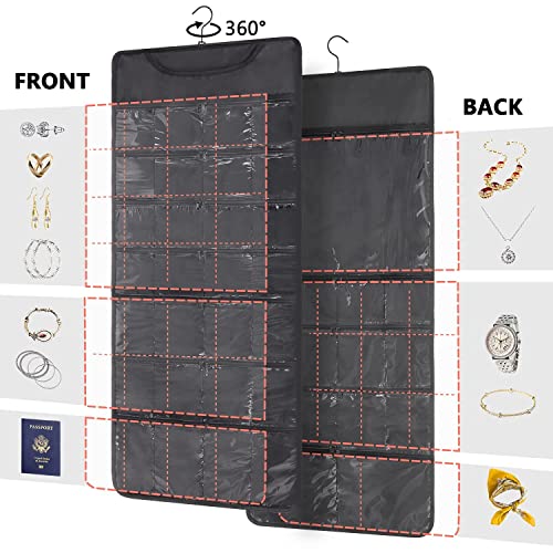 FOREGOER Hanging Jewelry Organizer Double Sided 43 Pockets Large Necklace Earring Accessory Holder Organizer(Black)
