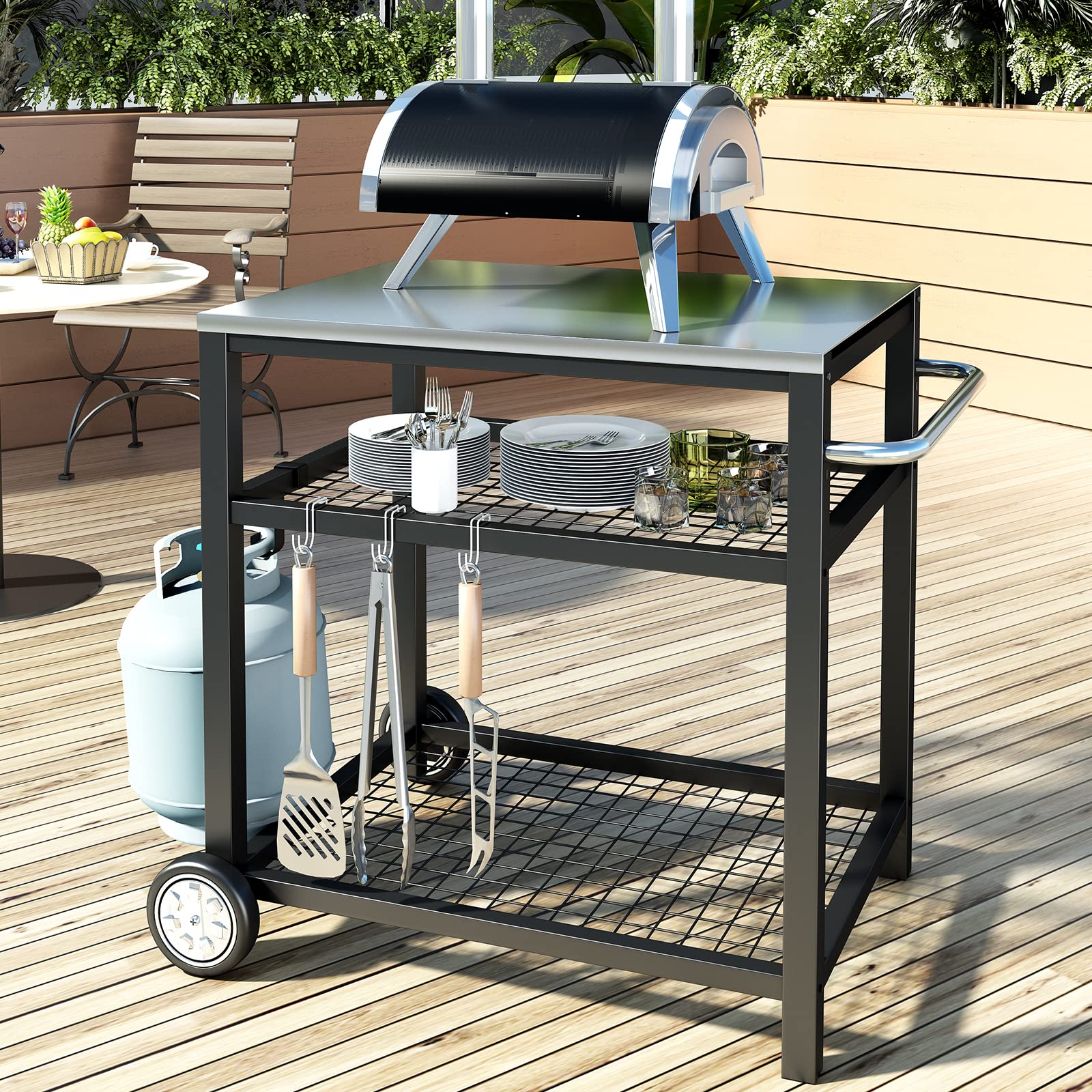 Movable Food Prep and Work Cart Table Stainless Steel Grill Cart Modular Table with Wheels and Handle Double-Shelf Commercial Kitchen Table Heavy Duty Grill Cart Outdoor Cart