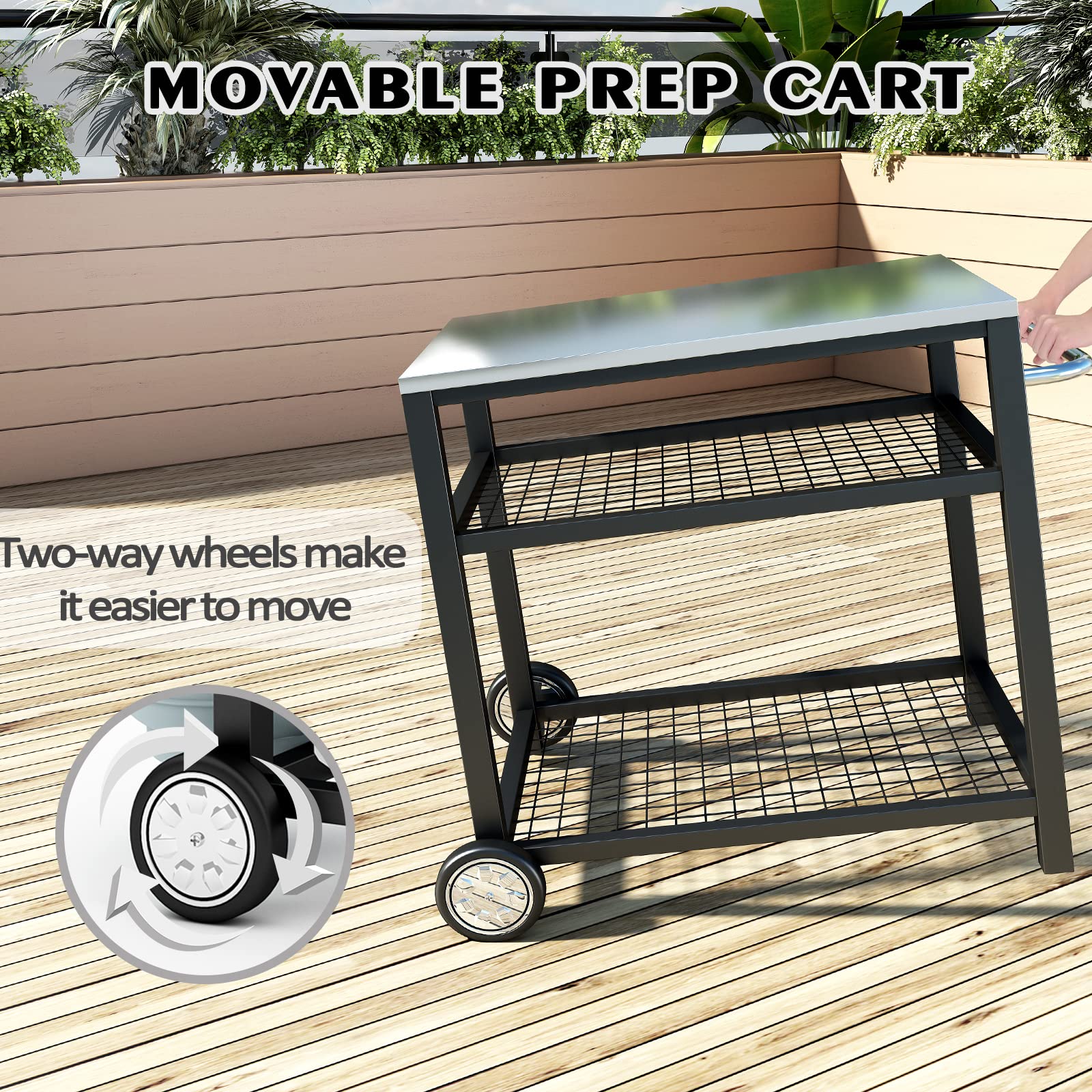 Movable Food Prep and Work Cart Table Stainless Steel Grill Cart Modular Table with Wheels and Handle Double-Shelf Commercial Kitchen Table Heavy Duty Grill Cart Outdoor Cart