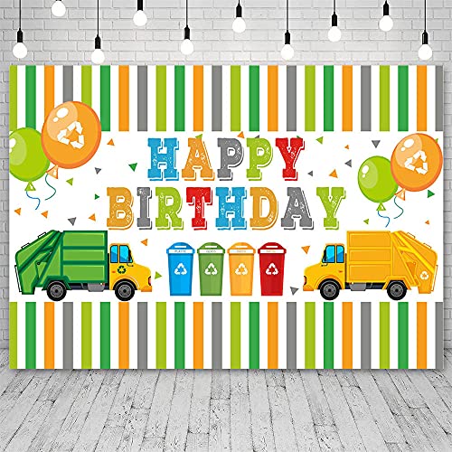 ABLIN 7x5ft Garbage Truck Boys Happy Birthday Backdrop Waste Management Colorful Stripe Green Yellow Rubbish Truck Trash Can Background Party Decorations Cake Table Banner Props, Clear