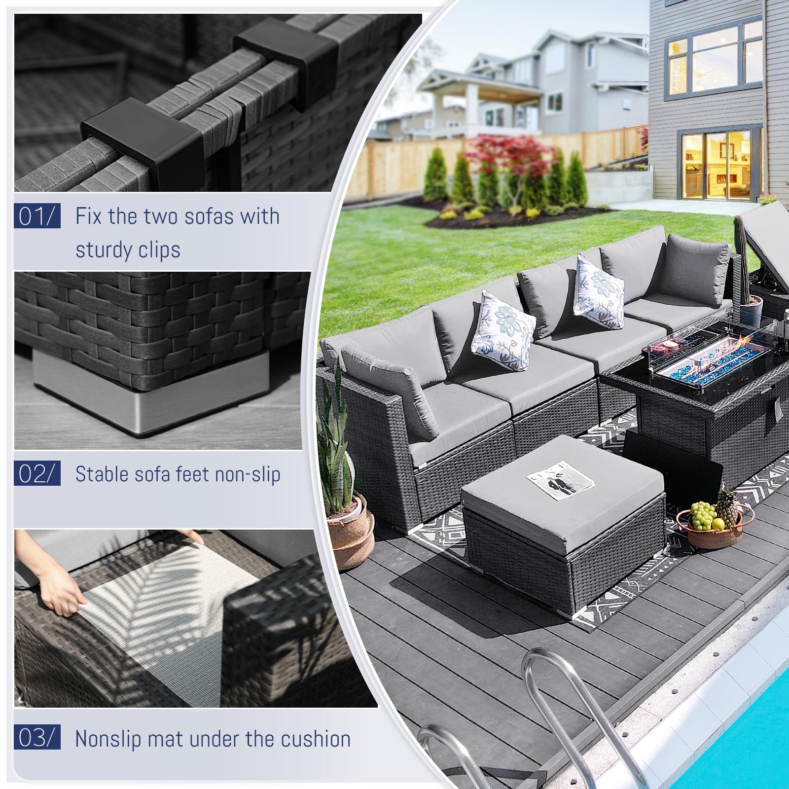 BULEXYARD Grey PE Wicker Patio Furniture Sectional Conversation Sofa Set with 43" Propane/Natural Gas Fire Pit Table, Large Size High Back Outdoor Furniture Set with Fireplace(13Pcs, Light Grey)