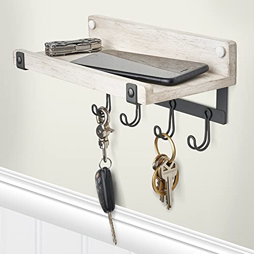 Spectrum Diversified Rowan Wall Mount Wood Valet & Hook Station for Entryway Storage and Organization, White Wash/Industrial Gray