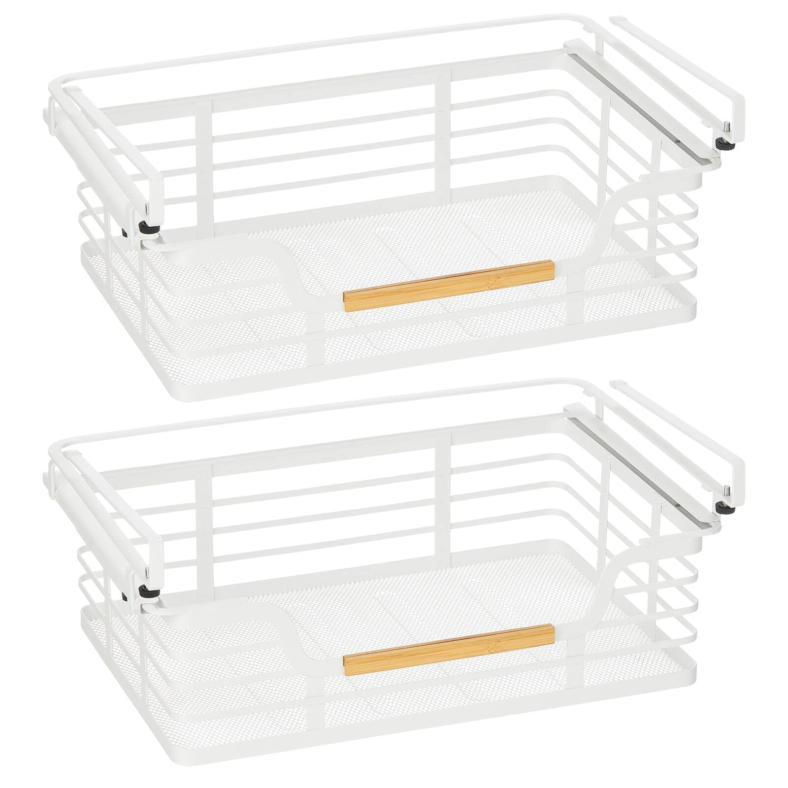 mDesign Metal Wire Wide Under Shelf Storage Baskets for Kitchen Pantry, Closet, Hanging Pull Out Shelving Bin, Sliding Hanger Rack for Bread, Canned Goods, Food, 2 Pack, Matte White/Natural