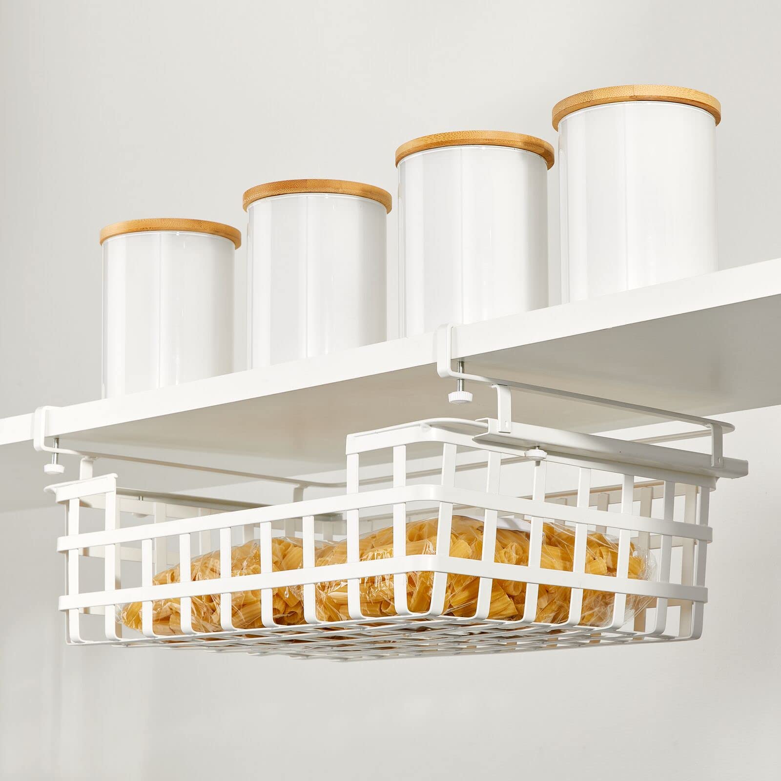 mDesign Nate Home by Nate Berkus Sliding Under Shelf Hanging Pull Out Organizer | Metal Wire Basket Organizer for Kitchen Cabinets or Pantry Shelves from mDesign - Set of 2, Matte White