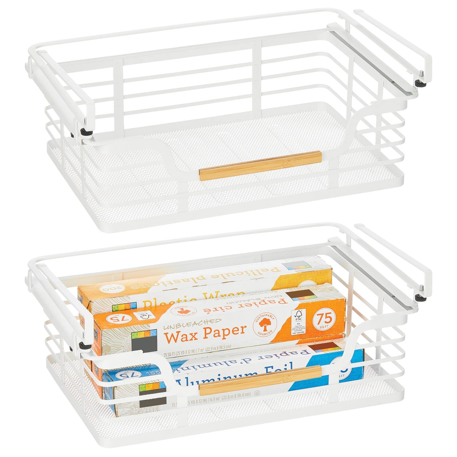 mDesign Metal Wire Wide Under Shelf Storage Baskets for Kitchen Pantry, Closet, Hanging Pull Out Shelving Bin, Sliding Hanger Rack for Bread, Canned Goods, Food, 2 Pack, Matte White/Natural