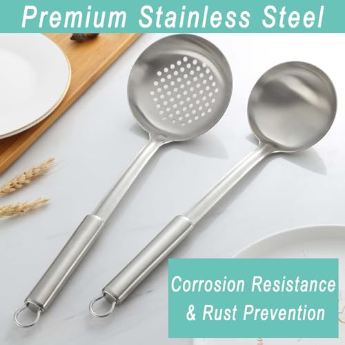 Pleafind 2-Pcs Ladle and Slotted Spoon, Soup Ladle and Strainer, Stainless Steel Cooking Utensils, Wok Utensils for Home and Restaurant, Dishwasher Safe