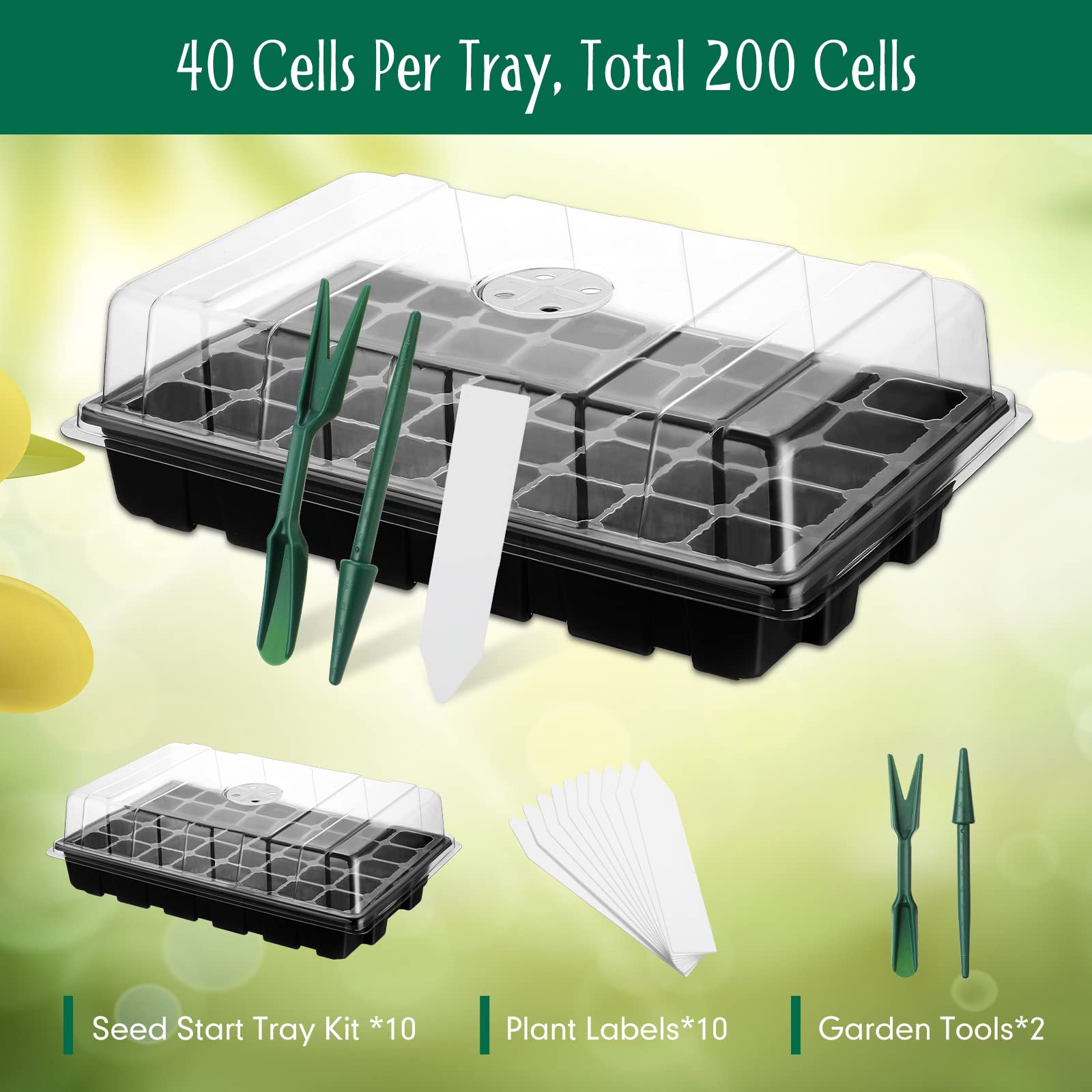 10 Pcs Seed Starter Tray 40 Cells Seed Starter Kit with Humidity Dome and Base Propagation Tray Plant Germination Greenhouse Mini Propagator Station for Seeds Growing, Total 400 Cells(Black,10 Pcs)