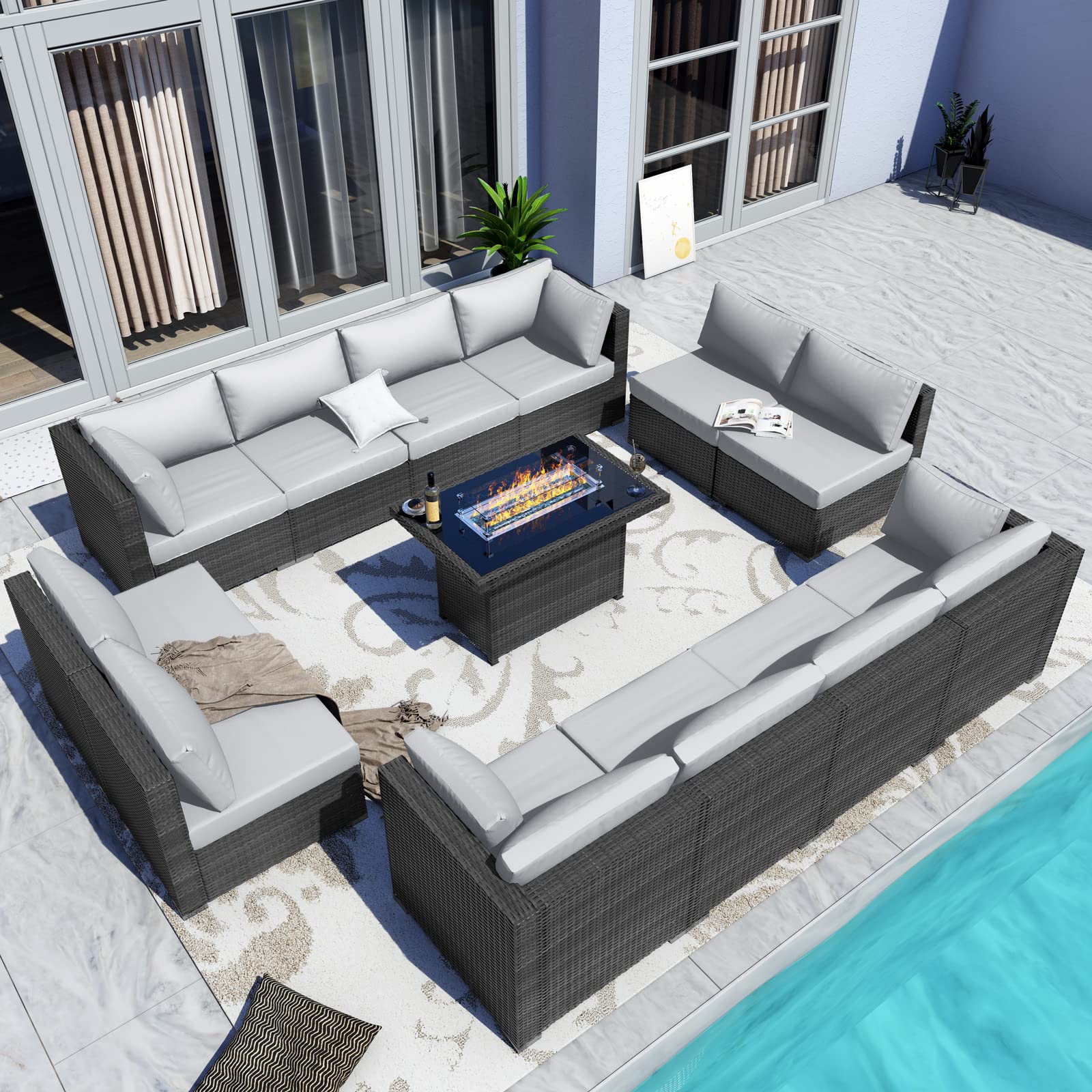 BULEXYARD Grey PE Wicker Patio Furniture Sectional Conversation Sofa Set with 43" Propane/Natural Gas Fire Pit Table, Large Size High Back Outdoor Furniture Set with Fireplace(13Pcs, Light Grey)