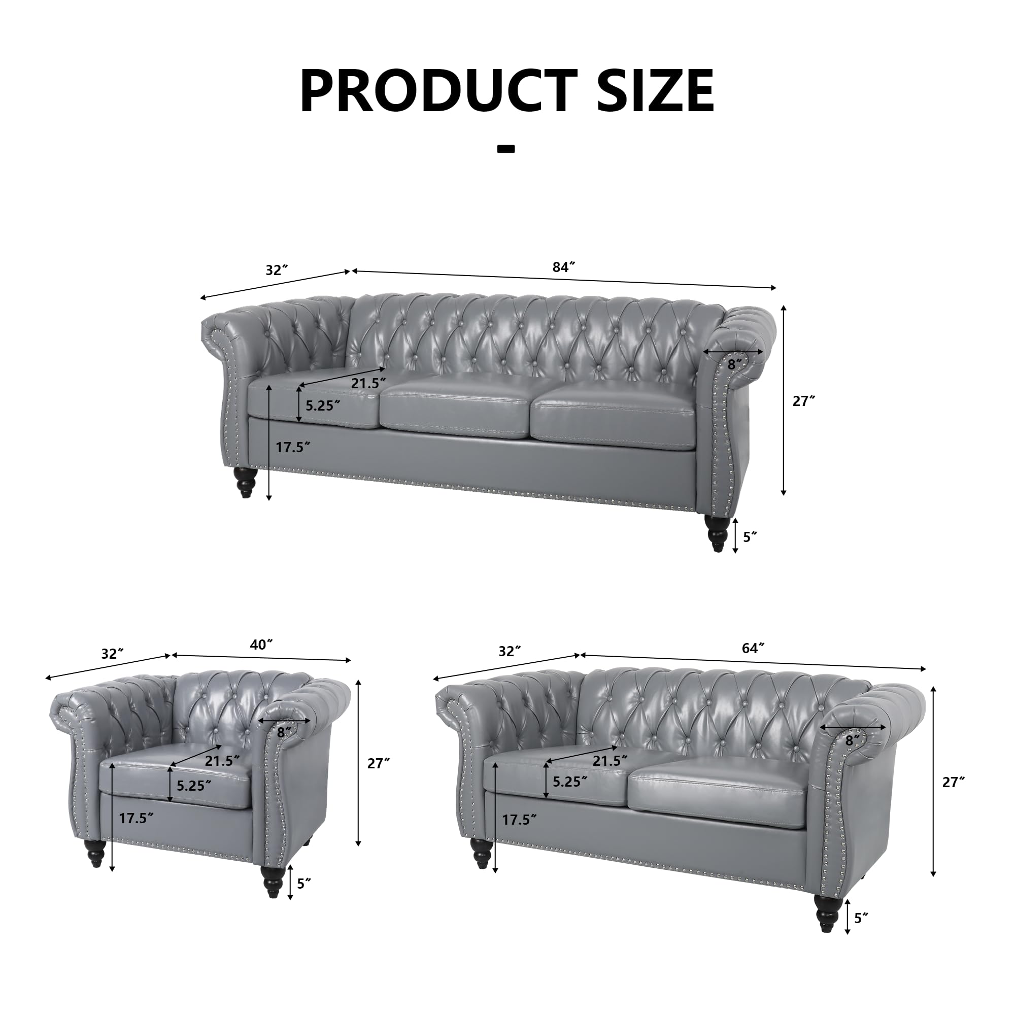 QHITTY Accent Sofa, Chesterfield Loveseat Modern Leather Couch Upholstered Sofa with Tufted Back for Living Room Furniture (Grey)