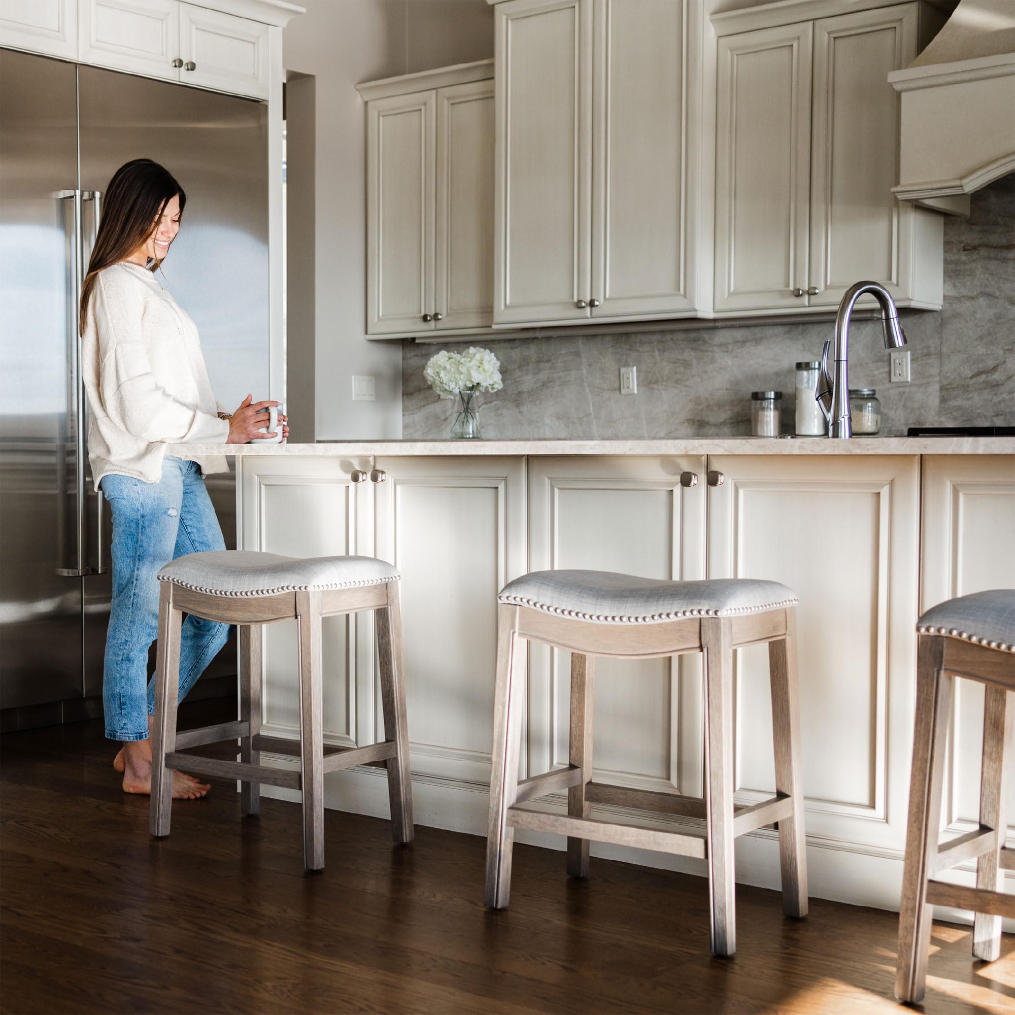 Maven Lane Adrien 26 Inch Counter Height Upholstered Backless Saddle Barstool in Reclaimed Oak Finish with Ash Grey Fabric Cushion Seat, Set of 3