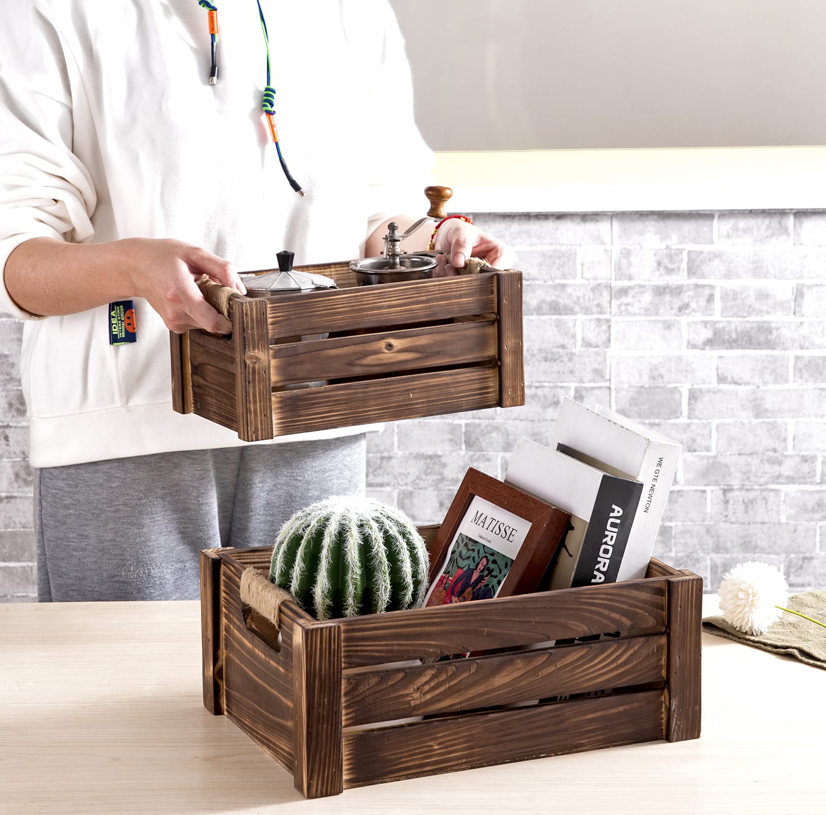 TIMRIS Set of 3 Rustic Wood Nesting Crates, Farmhouse Wooden Storage Container Boxes with Cutout Handles, Decorative Wooden Baskets for Display (Rustic Brown)
