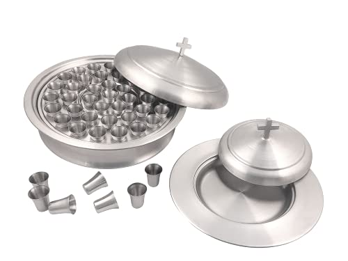 Communion Ware Holy Wine Serving Tray with A Lid & A Stacking Bread Plate with A Lid + 40 Cups - Stainless Steel (Matte)