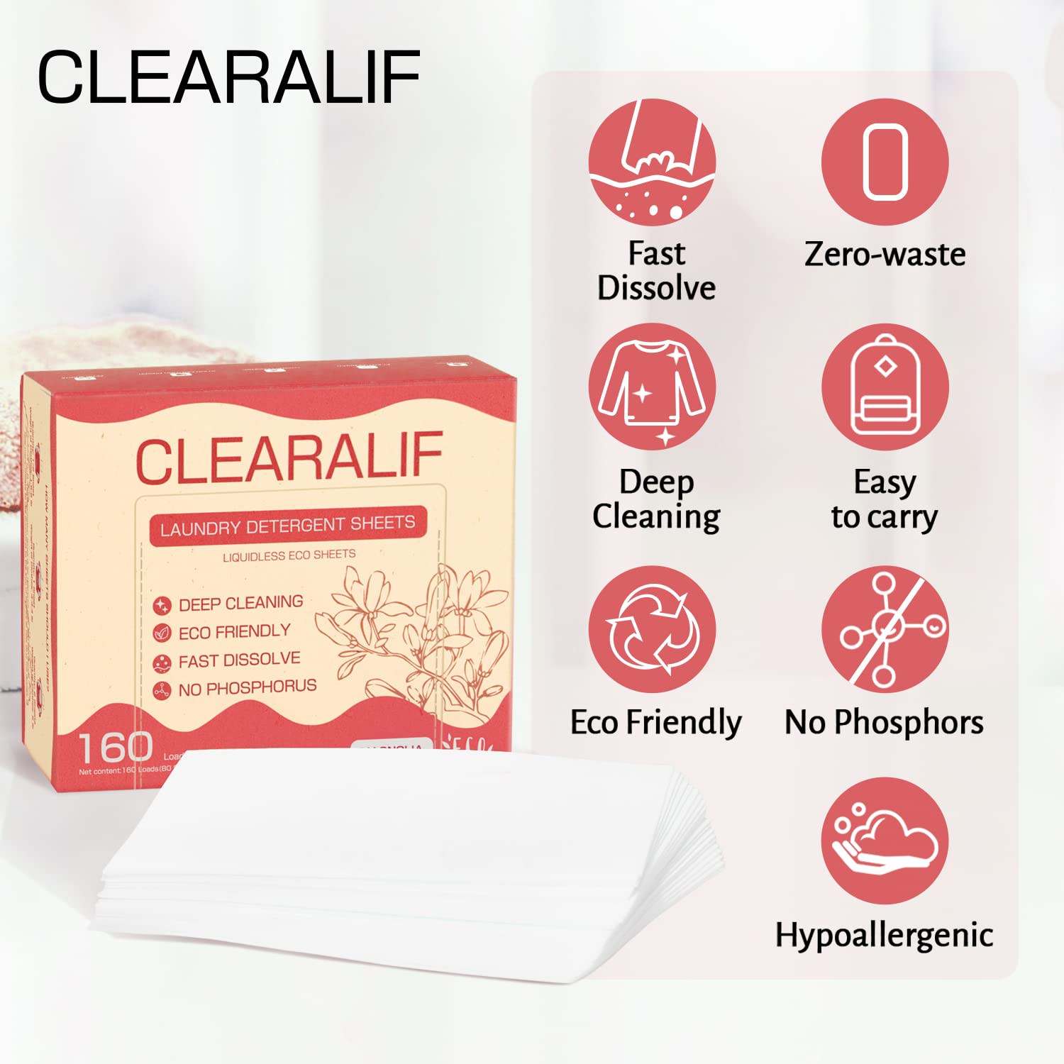 Laundry Detergent Sheets Up to 160 Loads, Magnolia - Great For Travel,Apartments, Dorms,CLEARALIF Laundry Detergent Strips Eco Friendly & Hypoallergenic - 80 Sheets