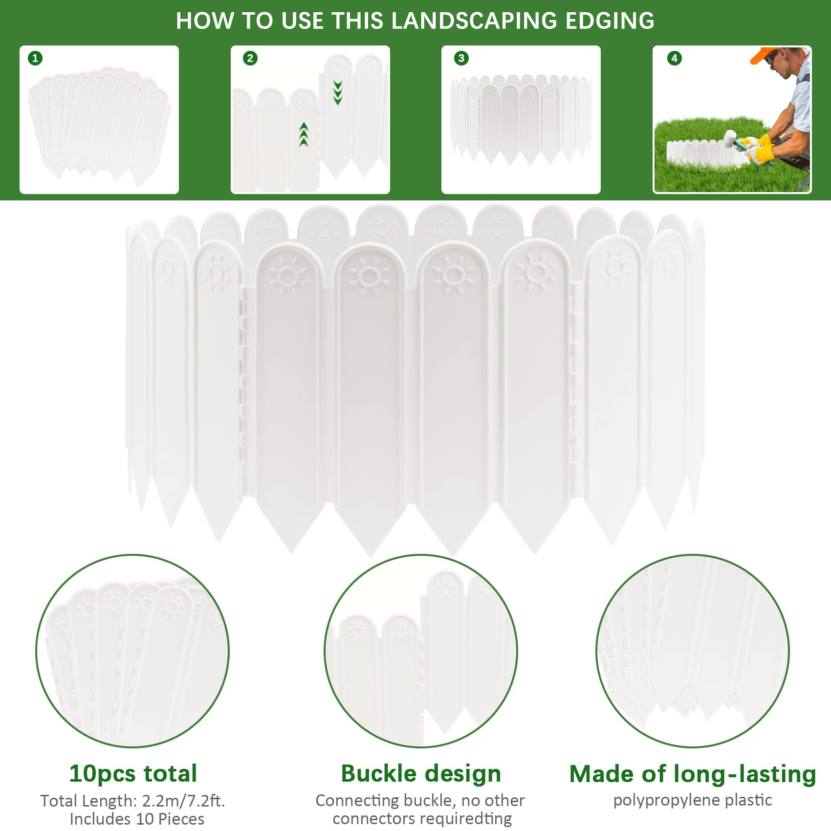 EEOCWF 10PCS White Garden Edging Borders, 8.66"X8.66" Plastic Garden Landscape Edging, 7.2ft Interlocking Decorative Garden Fences Edging, Lawn Edge Flower Bed Border for DIY Patio Walkways Yard