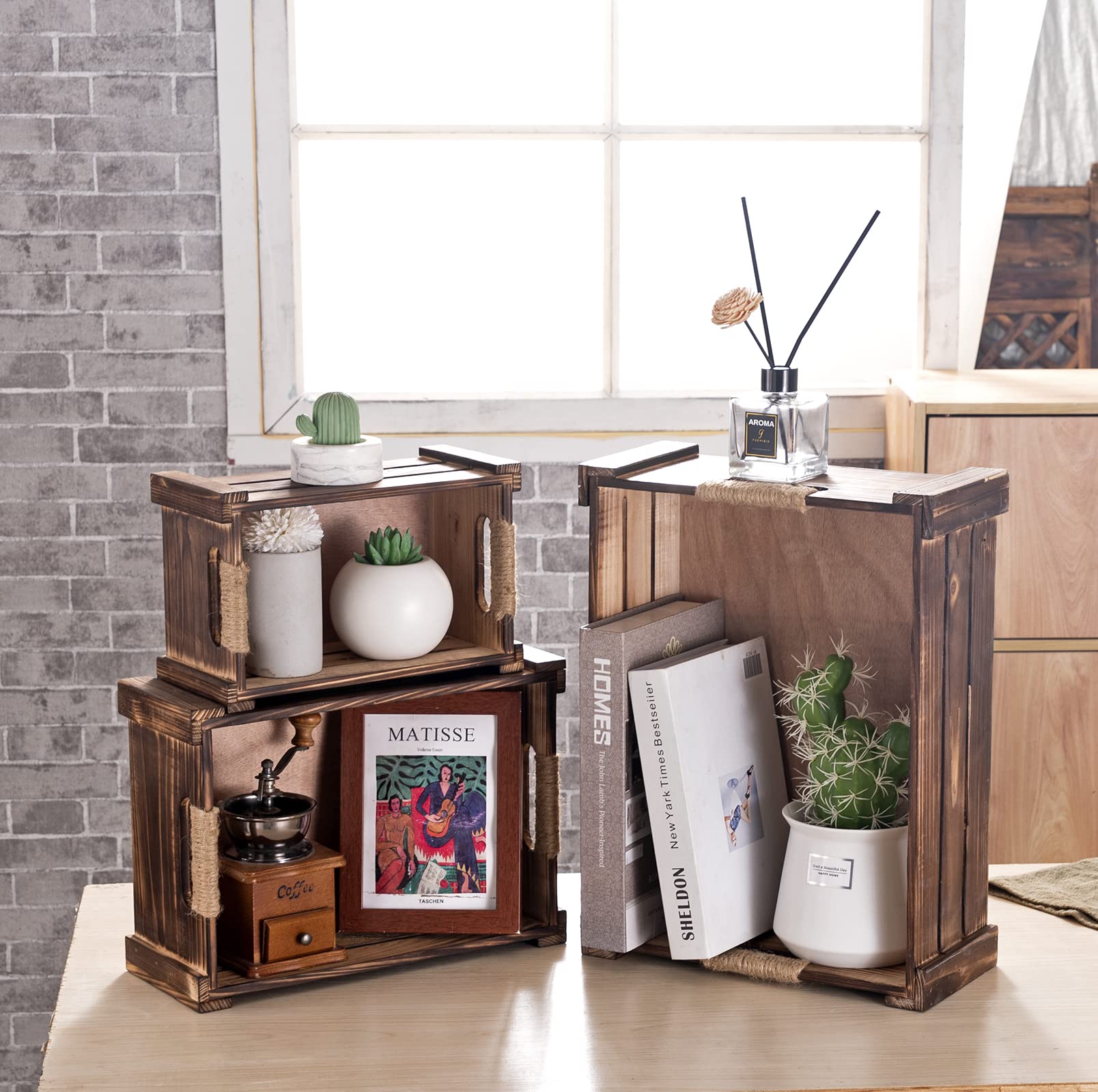 TIMRIS Set of 3 Rustic Wood Nesting Crates, Farmhouse Wooden Storage Container Boxes with Cutout Handles, Decorative Wooden Baskets for Display (Rustic Brown)