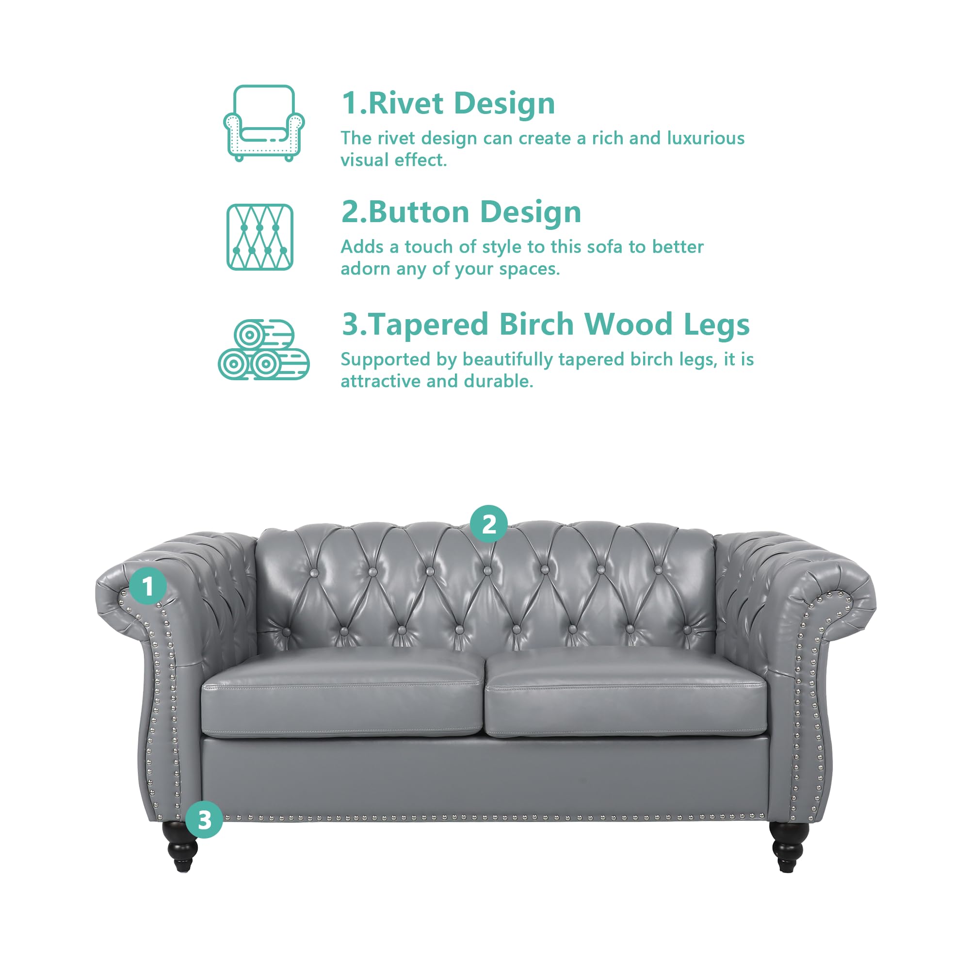 QHITTY Accent Sofa, Chesterfield Loveseat Modern Leather Couch Upholstered Sofa with Tufted Back for Living Room Furniture (Grey)