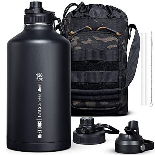 OneTigris 1 Gallon Water Bottle with Straw, Tactical 128 oz Insulated Stainless Steel Water Jug, BPF Free Leak Proof Hydration Water Bottles with 3 Lids, Handle and Carry Pouch for Outdoor Sports Gym
