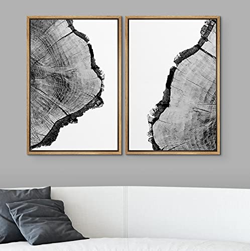 SIGNWIN Framed Wall Art Print Set Black & White Close Up Tree Ring Details Nature Wilderness Photography Modern Art Rustic Relax/Calm Multicolor for Living Room, Bedroom, Office - 24"x36"x2 Natural