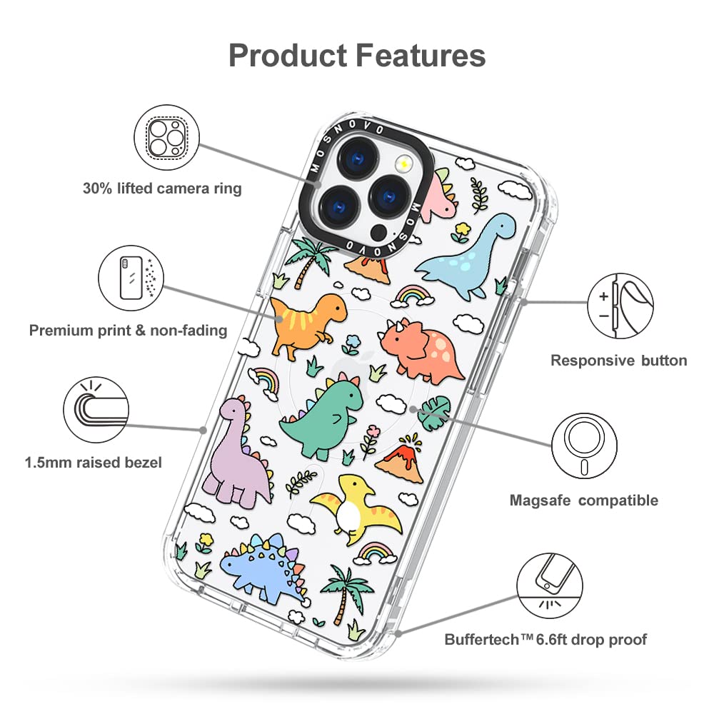 MOSNOVO Case for iPhone 13 Pro Max, [Compatible with Magsafe] [Buffertech 6.6ft Military-Grade Drop Protection] [Anti Peel Off Tech] Clear Phone Case Design - Dinosaur Land