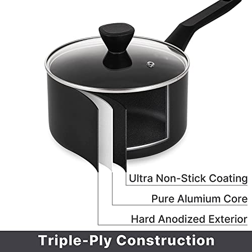 1.5 Quart Nonstick Sauce Pan Hard-Anodized Aluminum with Lid and Cool Touch Handles, Black