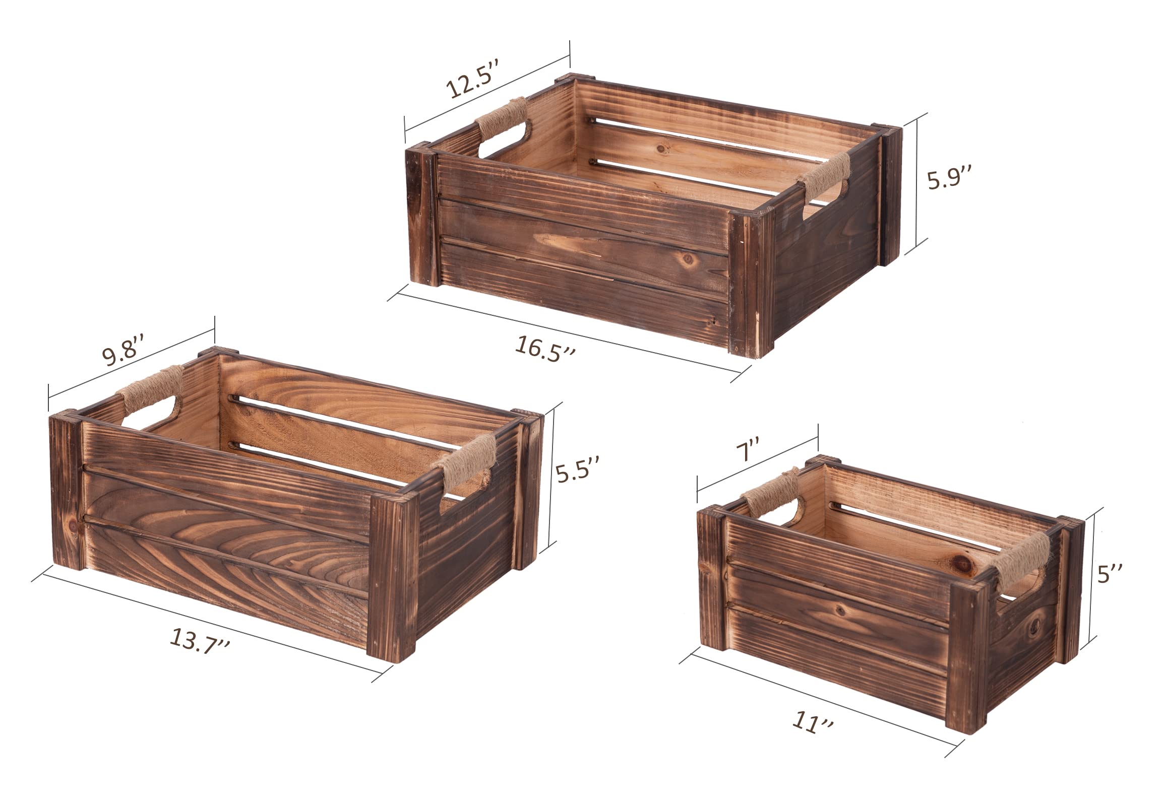 TIMRIS Set of 3 Rustic Wood Nesting Crates, Farmhouse Wooden Storage Container Boxes with Cutout Handles, Decorative Wooden Baskets for Display (Rustic Brown)