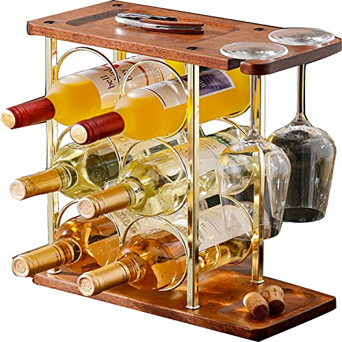 Fadak Wine Rack with Glass Stand, Countertop Wine Rack, Wooden Wine Rack with Trays, Perfect Home Decor & Kitchen Storage Rack, etc.(Accommodates 6 Bottles and 2 Glasses)