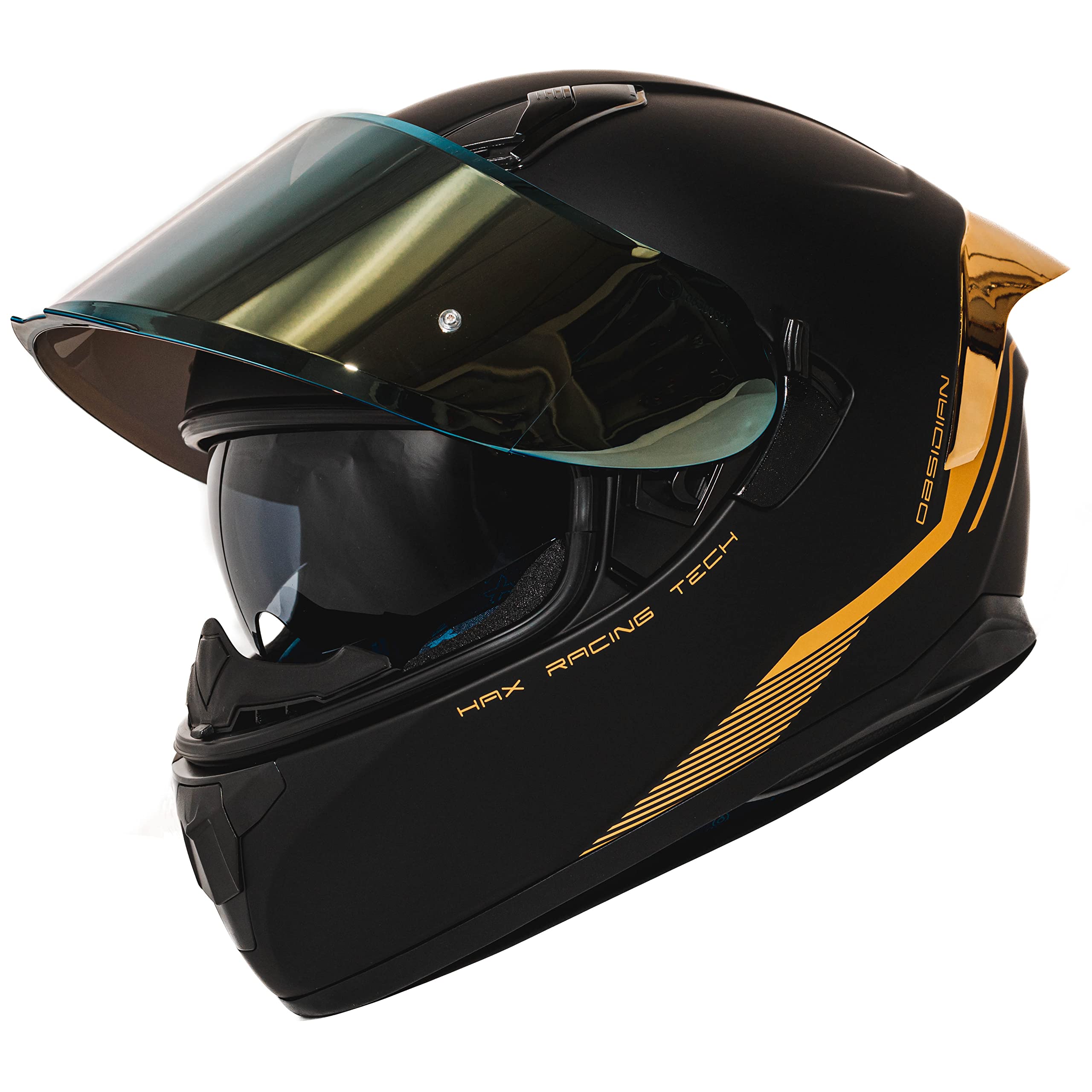 HAX Obsidian Full Face Dual Visor Adult Motorcycle Helmet for Motorbike Street Bike with Pinlock Ready DOT Approved Matte Black Gold XL