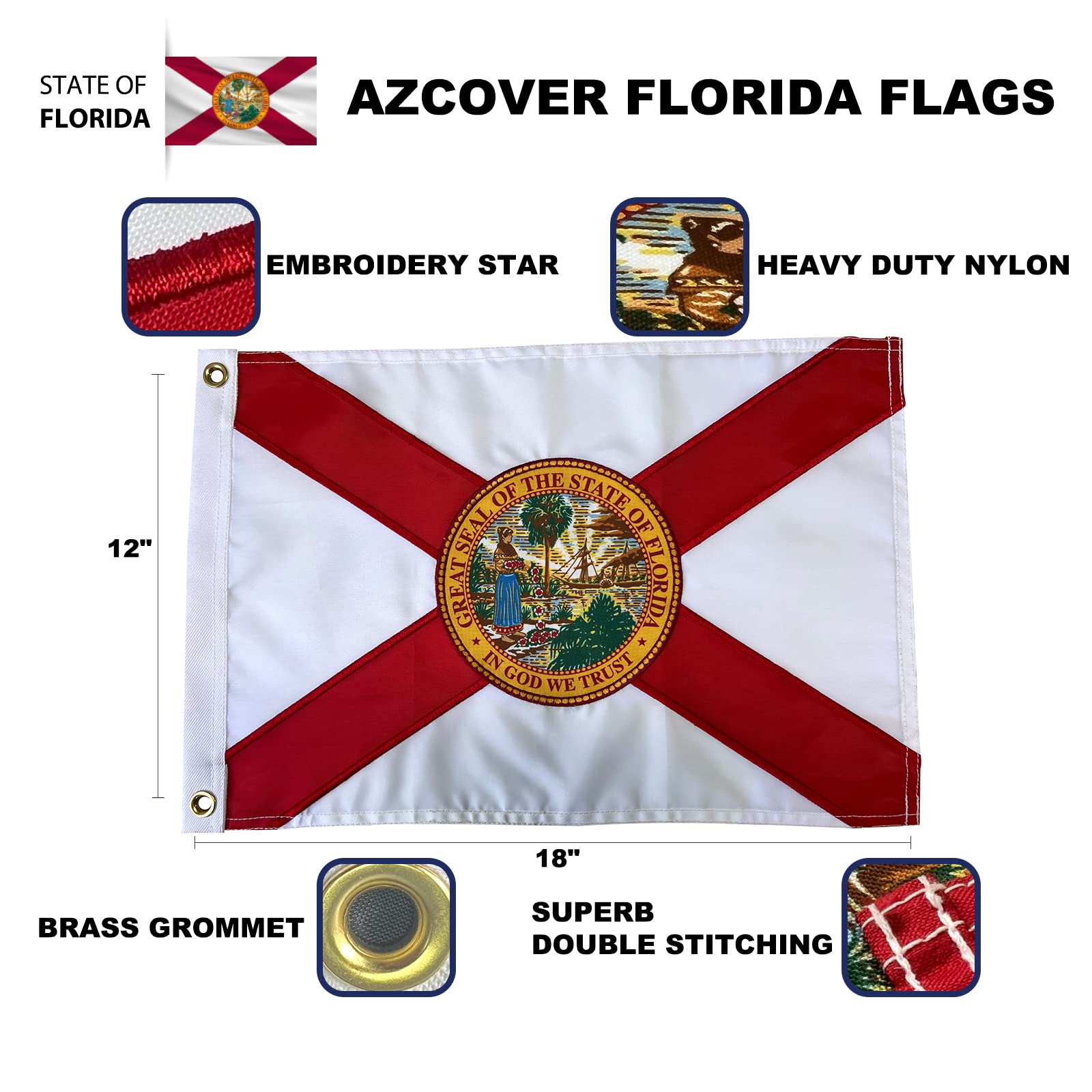 AZCOVER Florida Flag 12x18, Embroidered State Flag for Boat with 2 Brass Grommets