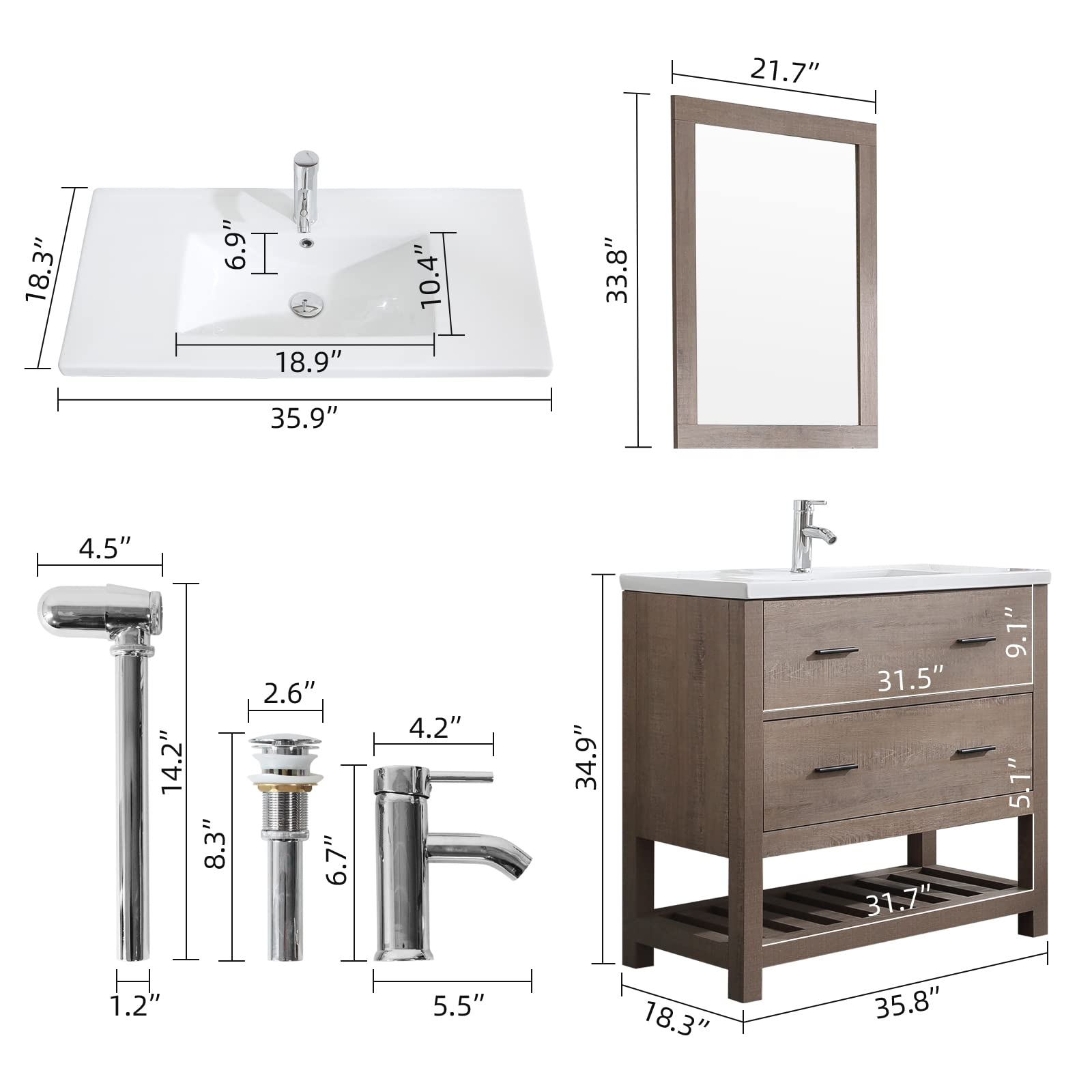 wonline 36’’ Bathroom Vanity with Sink Freestanding Cabinet Set Design Resin Basin Undermount Sink with Mirror Chrome Faucet P-Trap Drain Modern Bathroom Sink Cabinet Brown Powder Room