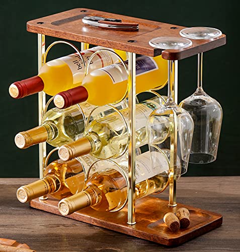 Fadak Wine Rack with Glass Stand, Countertop Wine Rack, Wooden Wine Rack with Trays, Perfect Home Decor & Kitchen Storage Rack, etc.(Accommodates 6 Bottles and 2 Glasses)