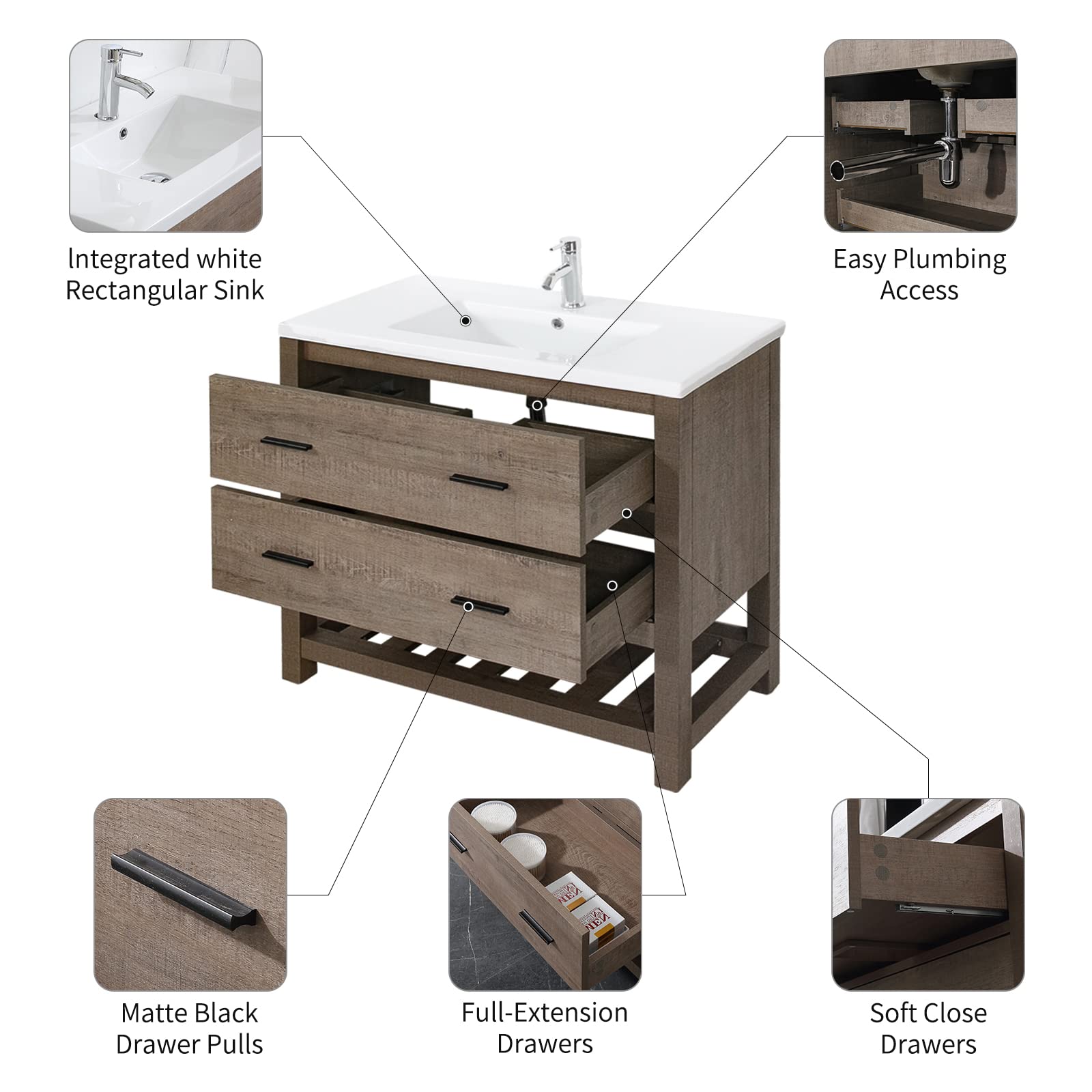 wonline 36’’ Bathroom Vanity with Sink Freestanding Cabinet Set Design Resin Basin Undermount Sink with Mirror Chrome Faucet P-Trap Drain Modern Bathroom Sink Cabinet Brown Powder Room