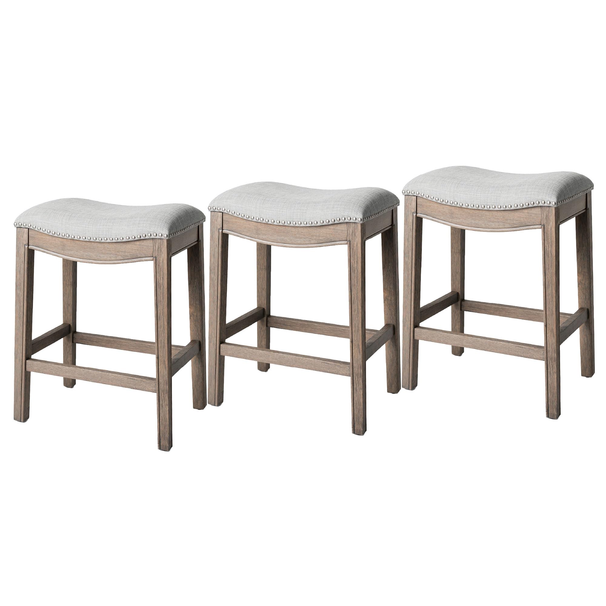 Maven Lane Adrien 26 Inch Counter Height Upholstered Backless Saddle Barstool in Reclaimed Oak Finish with Ash Grey Fabric Cushion Seat, Set of 3