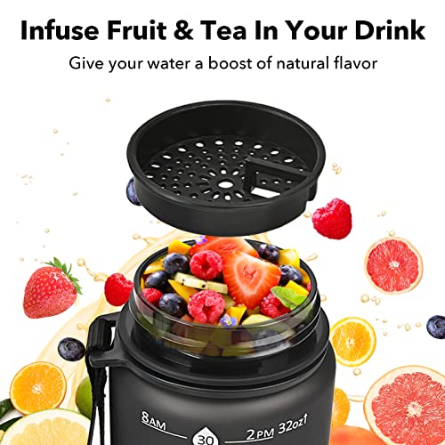 GOSWAG 32oz Motivational Water Bottles with Time Marker and Fruit Strainer, Sports Water Bottle with Times to Drink, Leakproof, Reusable Plastic Bottle with Strap no Straw for Gym, School