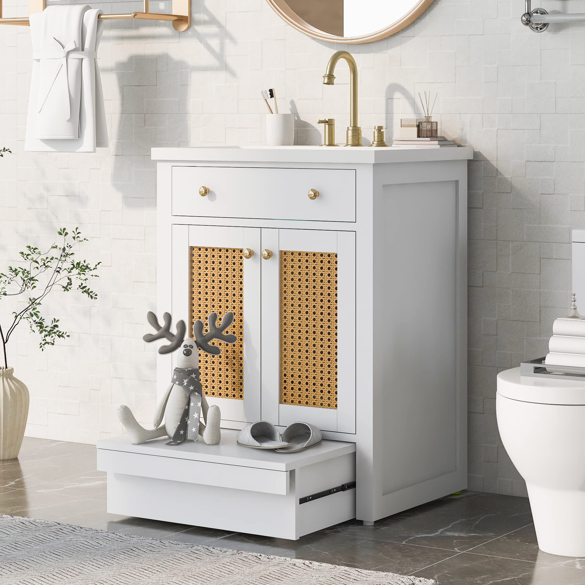 Legendstone 24 Inches Bathroom Vanity Sink Set, Bathroom Vanity Cabinet with Countertop and Pull-Out footrest, Small Bath Vanity with Sink
