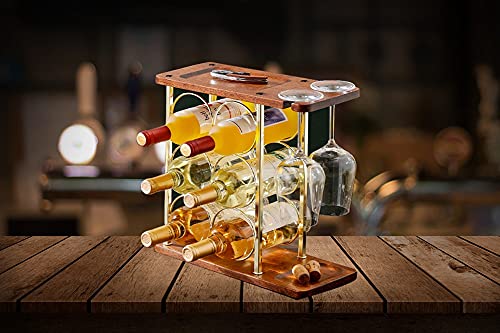 Fadak Wine Rack with Glass Stand, Countertop Wine Rack, Wooden Wine Rack with Trays, Perfect Home Decor & Kitchen Storage Rack, etc.(Accommodates 6 Bottles and 2 Glasses)