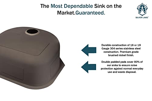 Silver Lake 23" L x 21" W x D x 9" Single Bowl D Shape Undermount Kitchen Sink 18 or 16 Gauge with Grid, Clips, Strainer (SLU430) (16 Gauge)