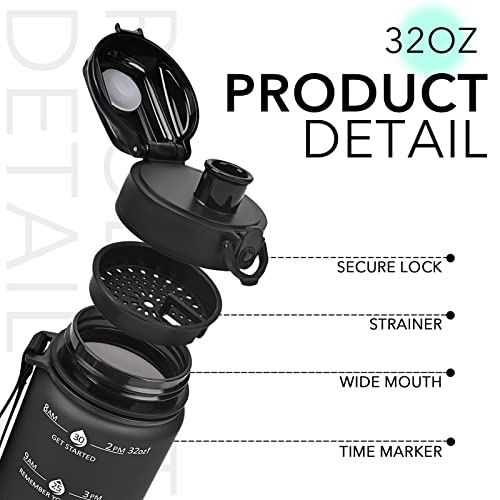 GOSWAG 32oz Motivational Water Bottles with Time Marker and Fruit Strainer, Sports Water Bottle with Times to Drink, Leakproof, Reusable Plastic Bottle with Strap no Straw for Gym, School