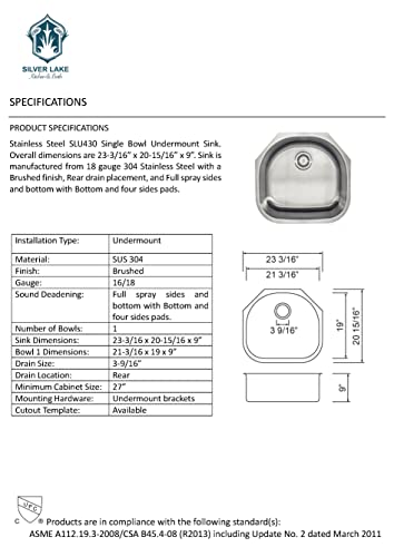 Silver Lake 23" L x 21" W x D x 9" Single Bowl D Shape Undermount Kitchen Sink 18 or 16 Gauge with Grid, Clips, Strainer (SLU430) (16 Gauge)