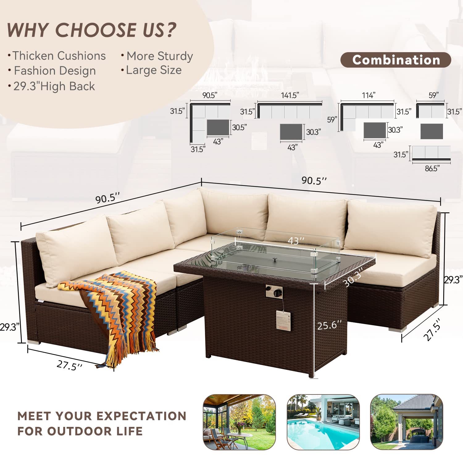 NICESOUL® Large 6 Pieces Brown Patio Furniture Sets with Gas Propane Fire Pit Table PE Wicker Modular High Back Outdoor Sectional Sofa Patio Conversation Sets with Firepit for Backyard Pool Garden