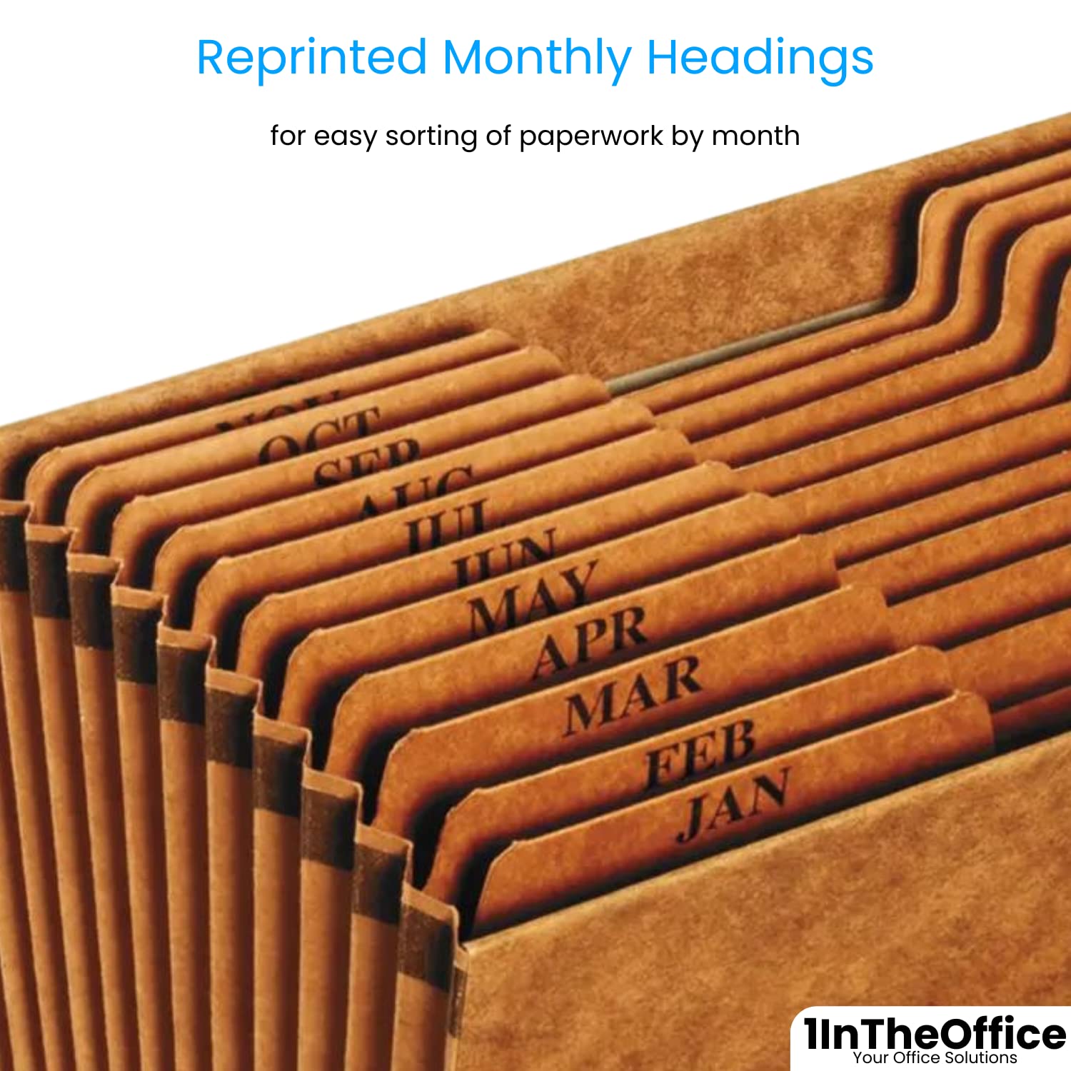 1InTheOffice Monthly Accordion File Organizer - Heavy Duty- Expanding File Folder, 12 Monthly Pockets File Organizer, Open-Top, Brown, Letter Size
