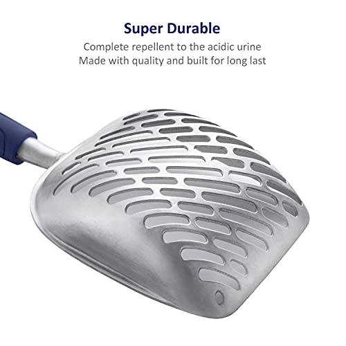 WePet Cat Litter Scoop, Aluminum Alloy Sifter, Kitty Metal Scooper, Deep Shovel, Long Handle, Poop Sifting, Kitten Pooper Lifter, for Litter Box, Irregularly Aluminum with Turkish Blue Handle