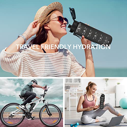 GOSWAG 32oz Motivational Water Bottles with Time Marker and Fruit Strainer, Sports Water Bottle with Times to Drink, Leakproof, Reusable Plastic Bottle with Strap no Straw for Gym, School