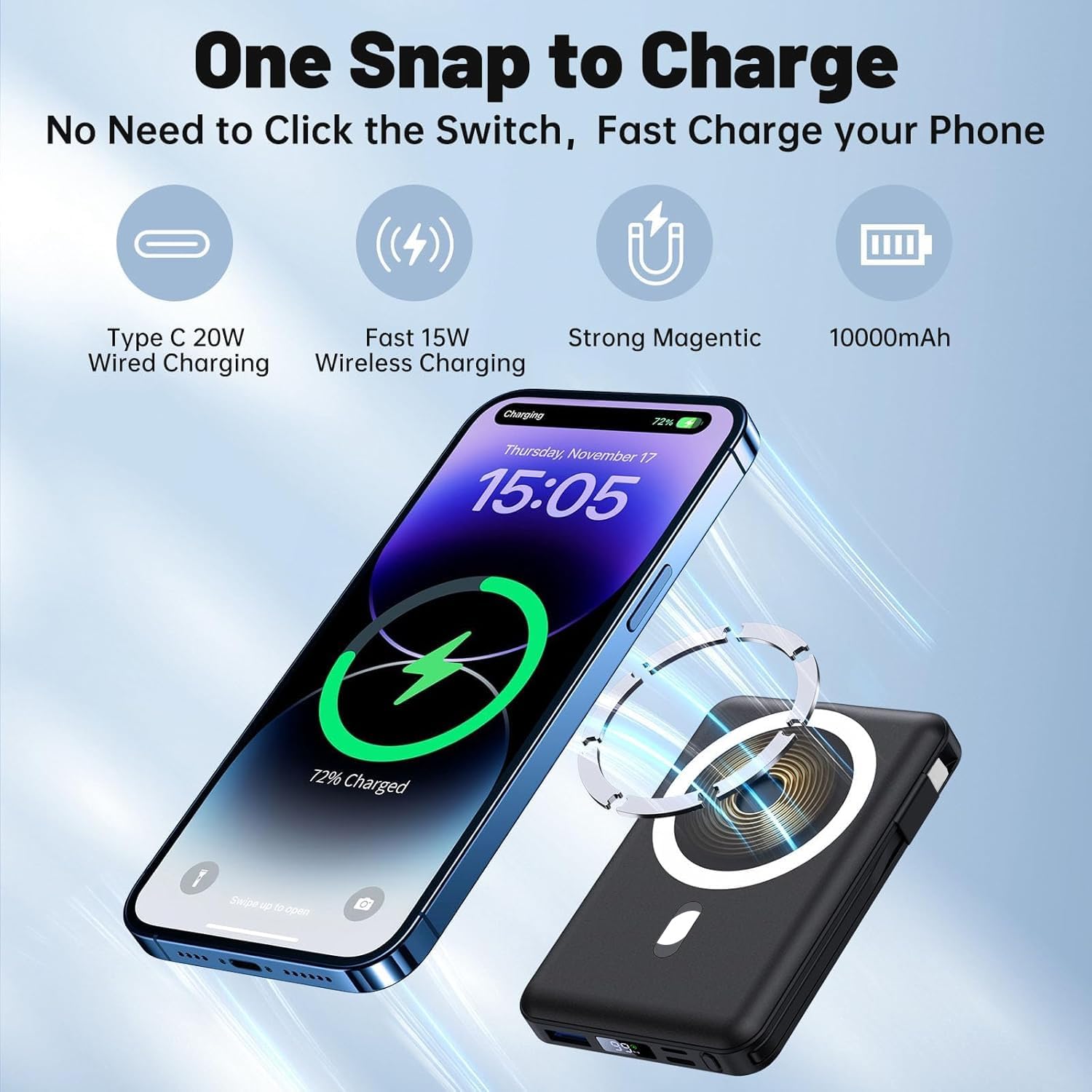 Yiisonger for Magsafe Battery Pack - 10000mAh Portable Charger for Mag-Safe 22.5W PD Fast Charging with Built-in Cables LED Display, Magnetic Power Bank for iPhone 16/15/14/13/12/Pro/Mini/Pro Max