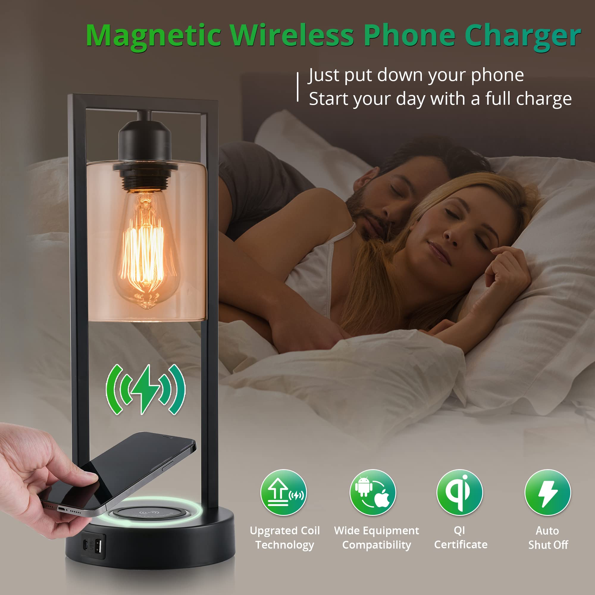 LEDIARY Set of 2 Wireless Charging Table Lamps with AC Outlet and 2 USB Ports, Fully Stepless Dimmable Bedside Lamps, Industrial Nightstand Lamp with Glass Shade for Bedroom, 2200K Bulbs Included